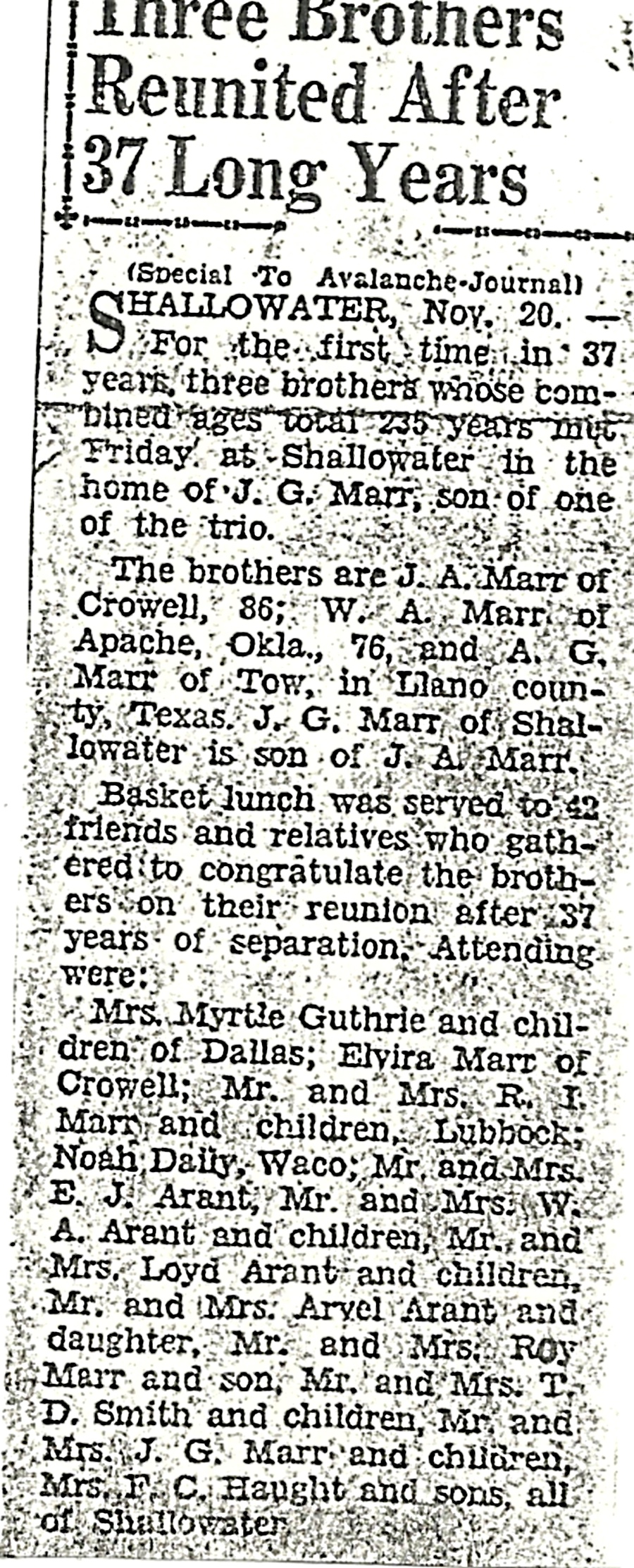 Lubbock AJ News Article about Marr Reunion